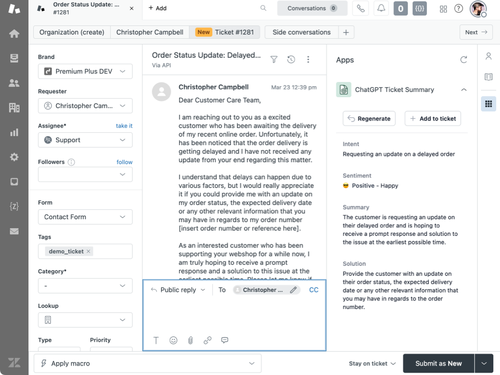 ChatGPT Ticket Summary by Premium Plus App Integration with Zendesk Support
